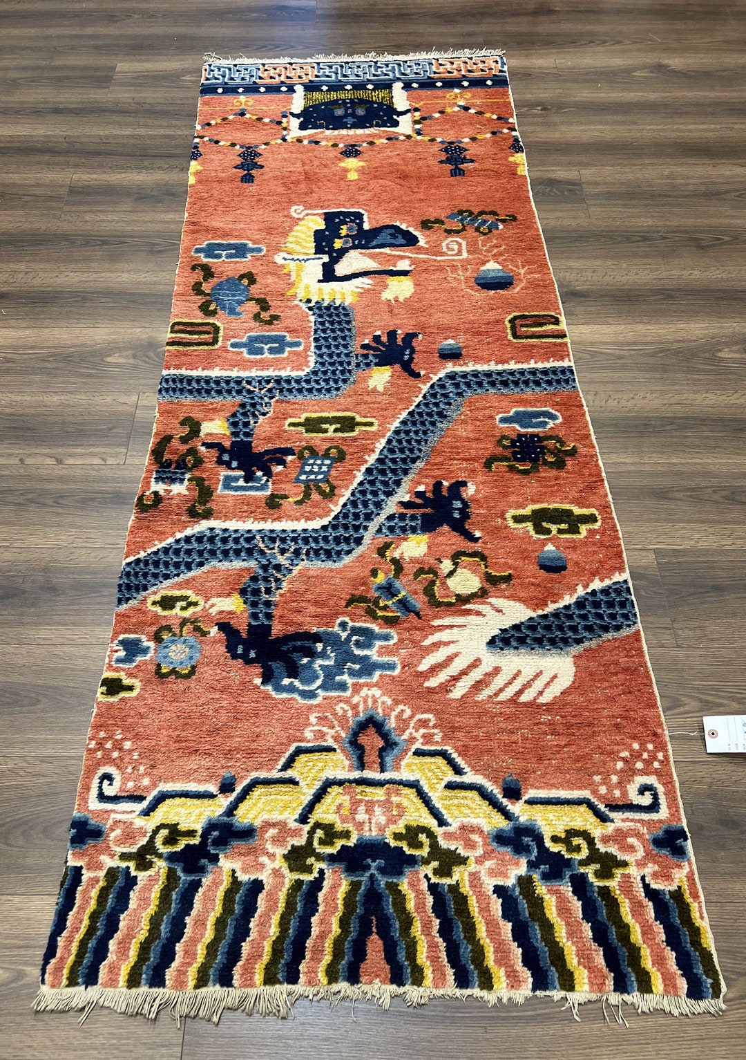 Rare Chinese Ningxia Pillar Rug 3x8, Late Qing Dynasty, 5 Clawed Dragon ...