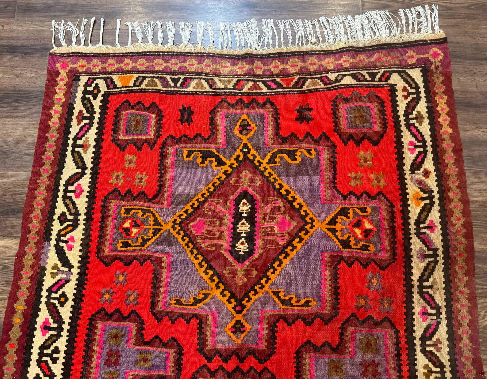 Persian Kurdish Zarand Kilim Rug 5x9, Red, Geometric Medallions, Wide ...