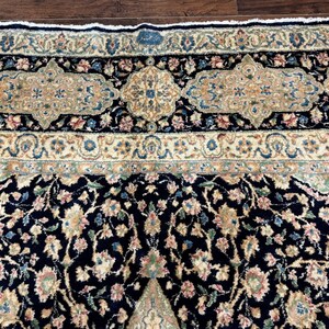 Large Persian Kerman Rug 10x14, Navy Blue and Beige, Floral Medallion ...