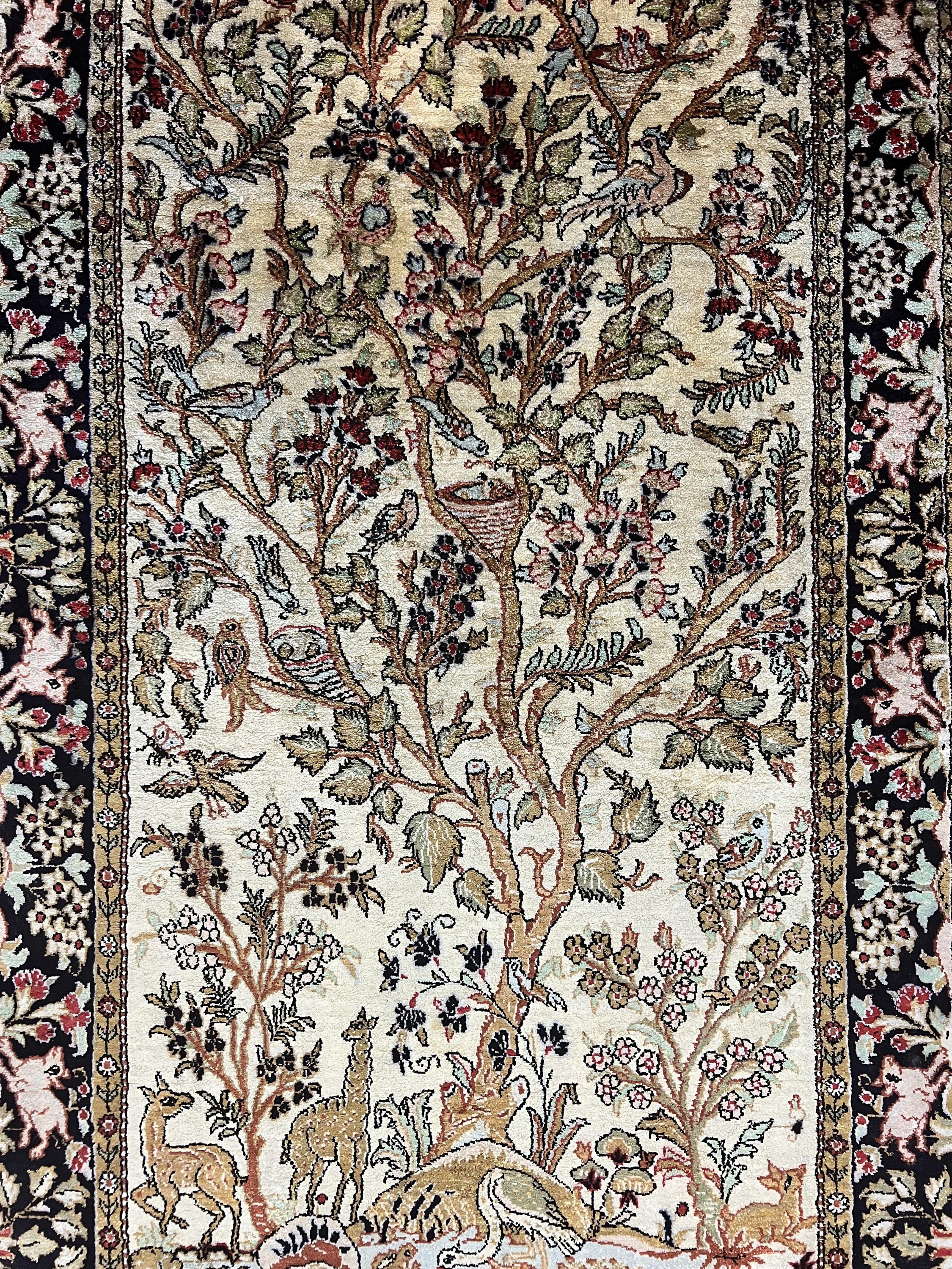 Silk Tree of Life Persian Rug 3x4, Hand Knotted Vintage Carpet, Cream ...
