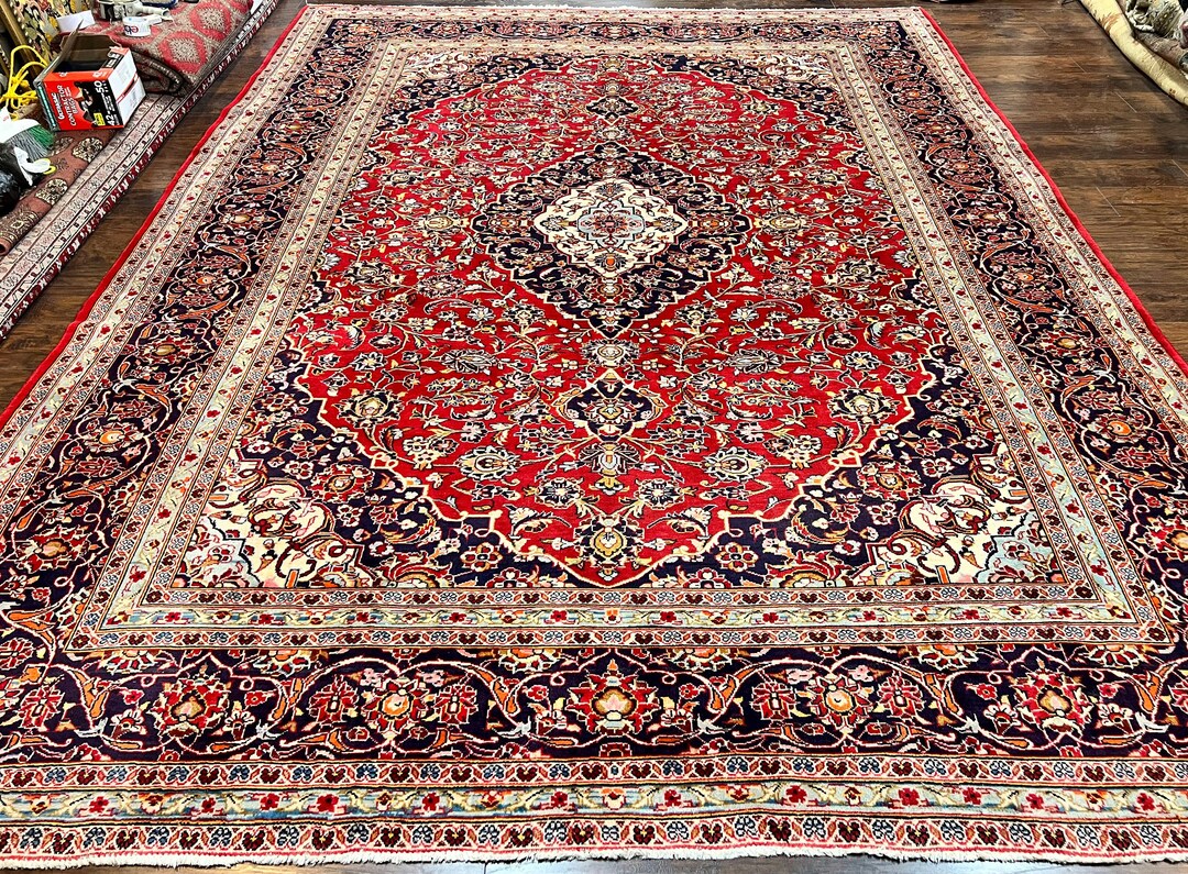 Persian Rug 10x13, Floral Medallion, Traditional Area Rug, Red Navy ...