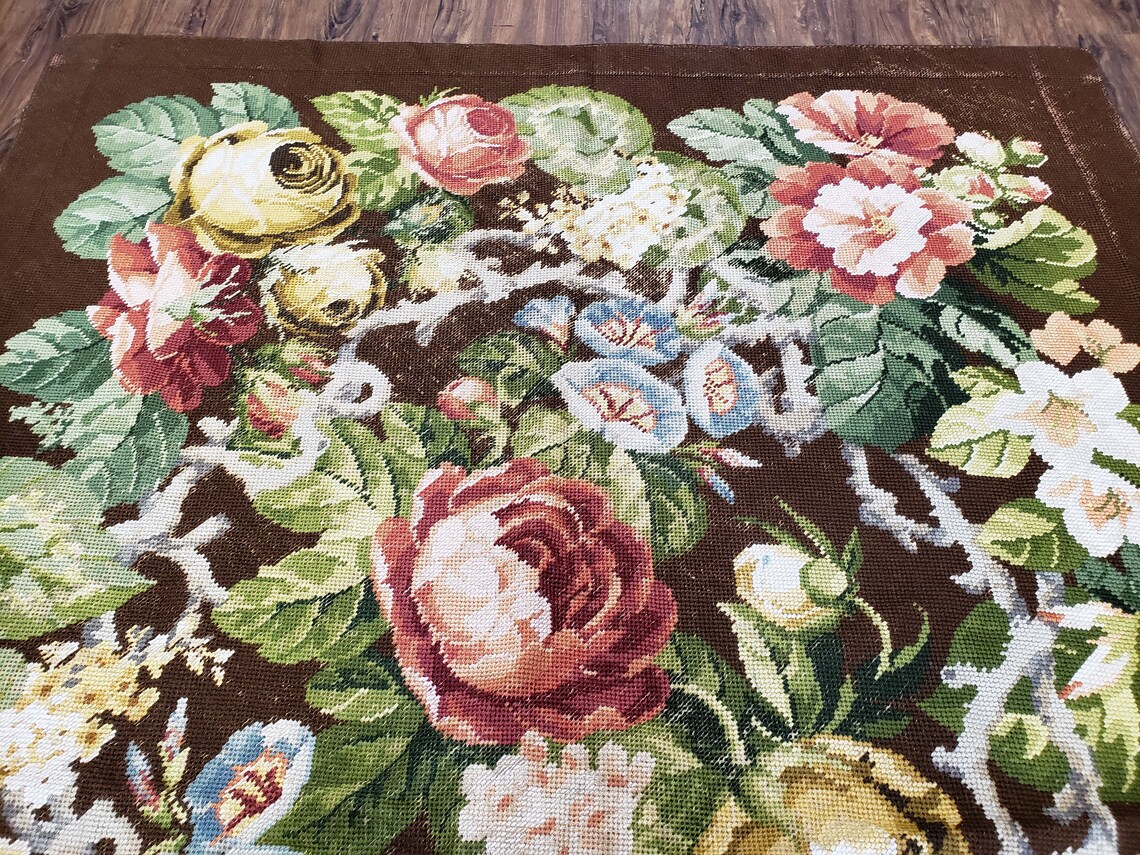 Floral Needlepoint Rug Medium Rug Vintage Area Rug Handmade - Etsy