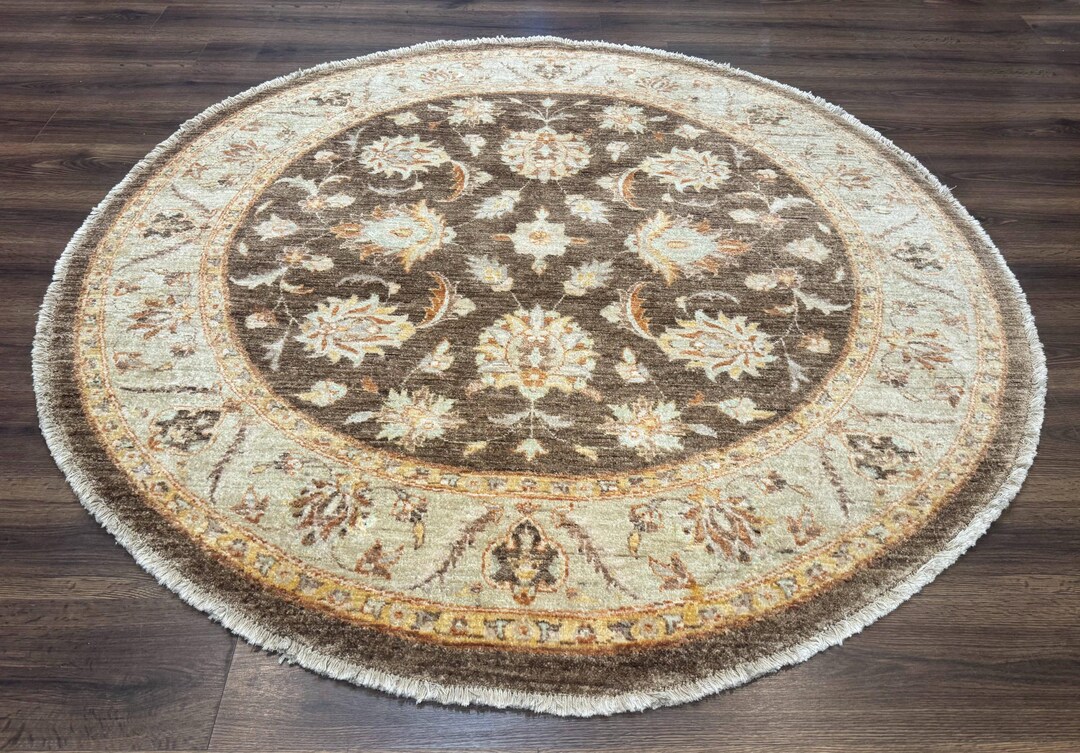 Round Pakistani Rug 6x6, Brown and Beige, Floral, Peshawar Rug ...