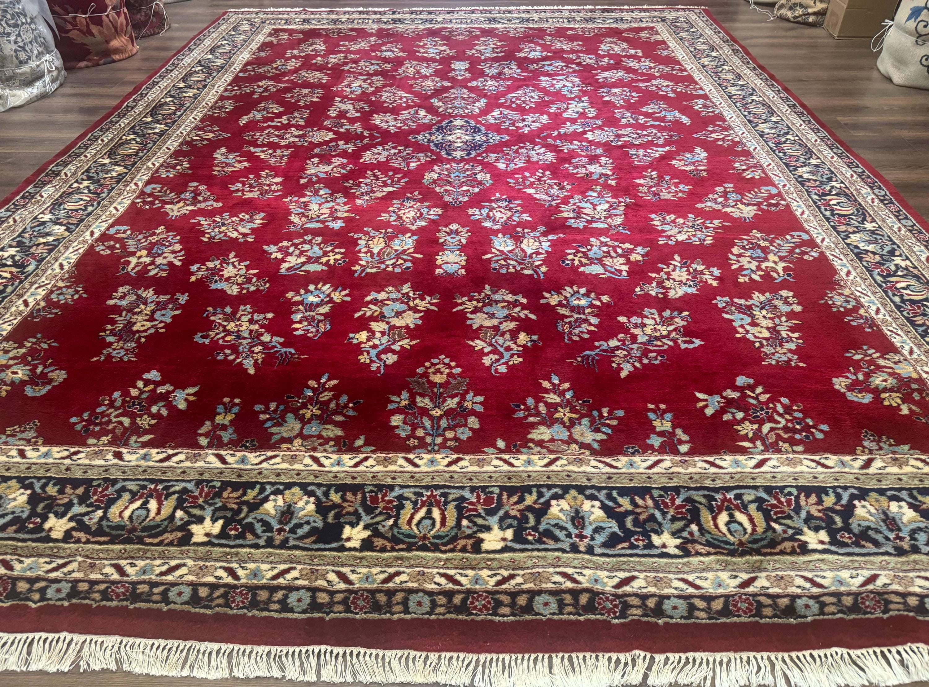 Indo Persian Sarouk Rug 10x14 Large Red and Navy Blue Carpet Traditional Floral Wool Rug