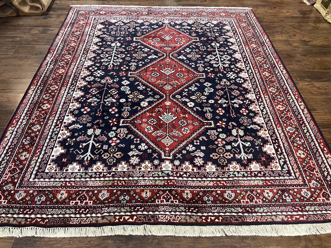Persian Tribal Rug 8x9, Geometric Medallions, Navy Blue and Red, Hand ...