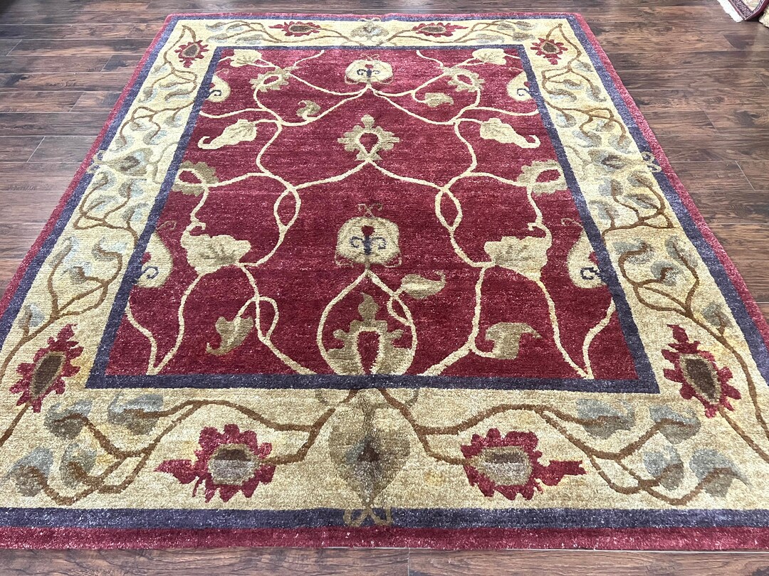 Tibetan Aubusson Rug 8x10, Maroon and Beige, Floral, Handmade, Wool ...