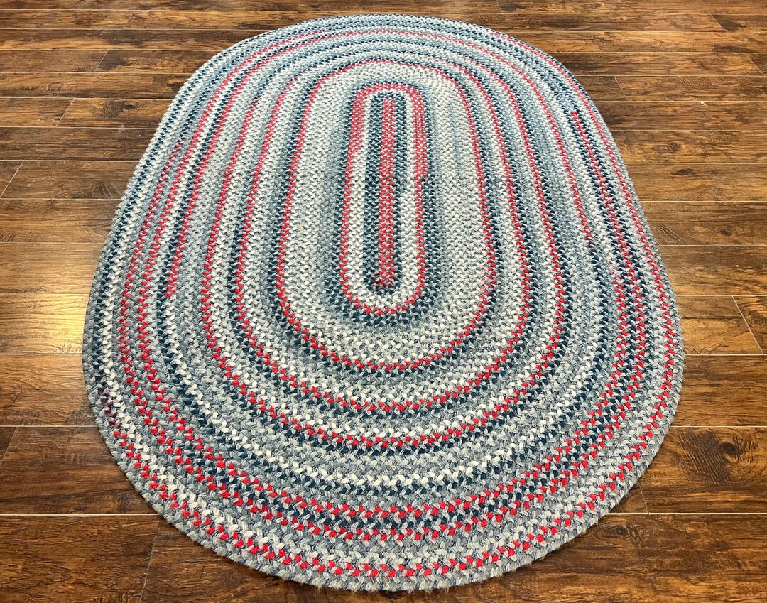 American Oval Braided Rug 5x8, Vintage Multicolor Handmade Wool 5 X 8 ...