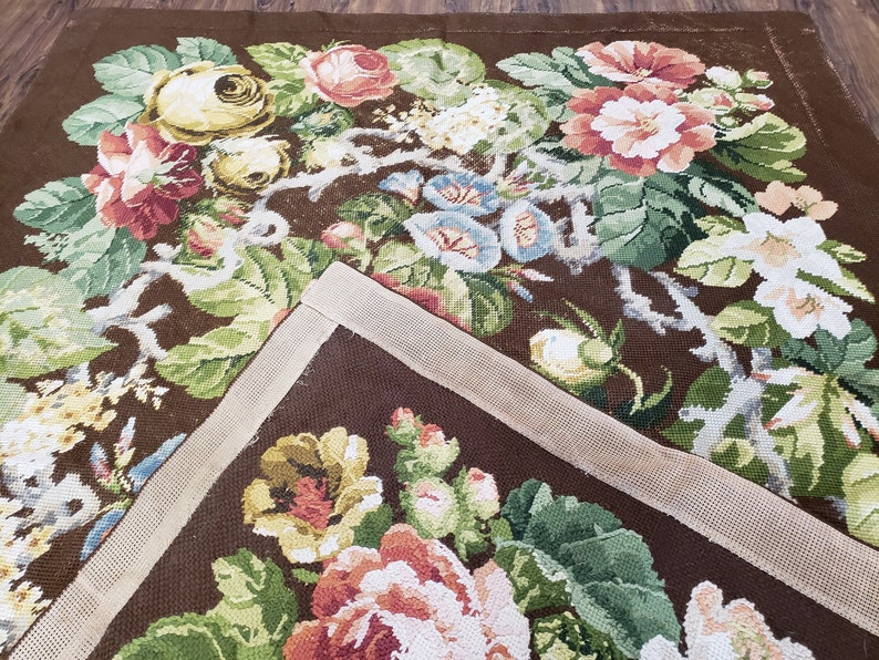 Floral Needlepoint Rug Medium Rug Vintage Area Rug Handmade - Etsy