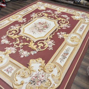 Aubusson Rug 9x12, Red Ivory Gold Tan, Handmade Hand Woven Aubusson ...