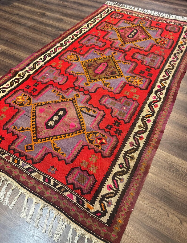 Persian Kurdish Zarand Kilim Rug 5x9, Red, Geometric Medallions, Wide ...