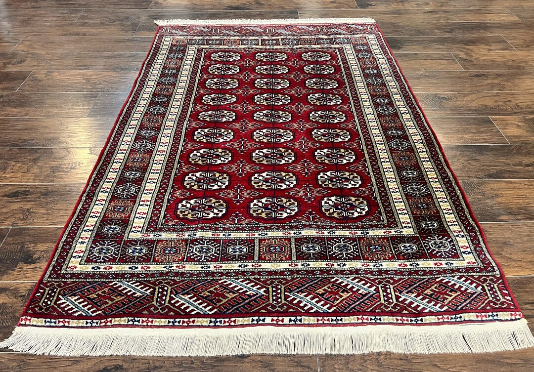 Pakistani Bokhara Rug 4x6, Red Turkoman Carpet, Finely Hand Knotted ...