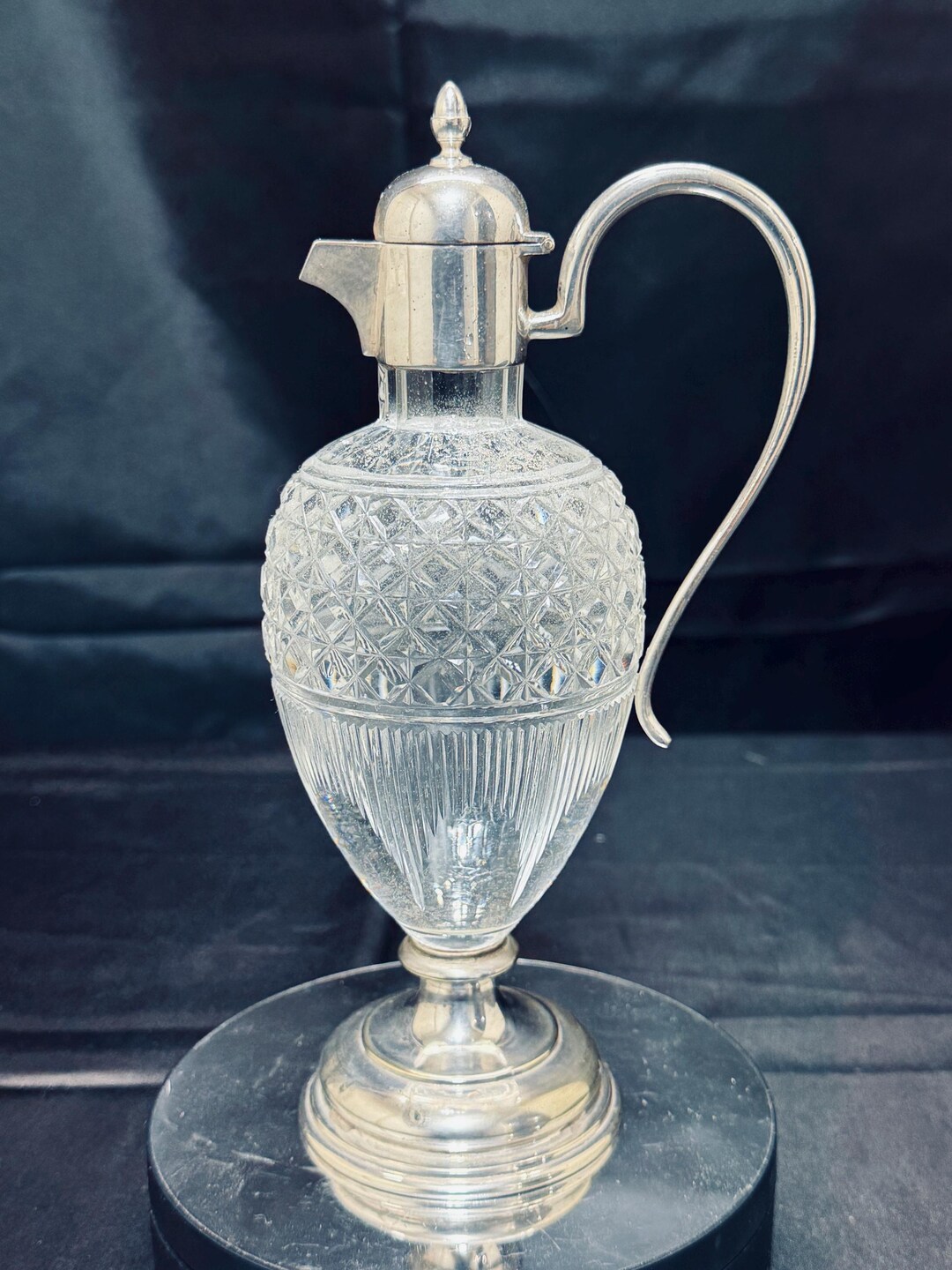 Old Silver Mounted, Cut Glass Claret Jug or Pitcher, Silverplate, Oil ...
