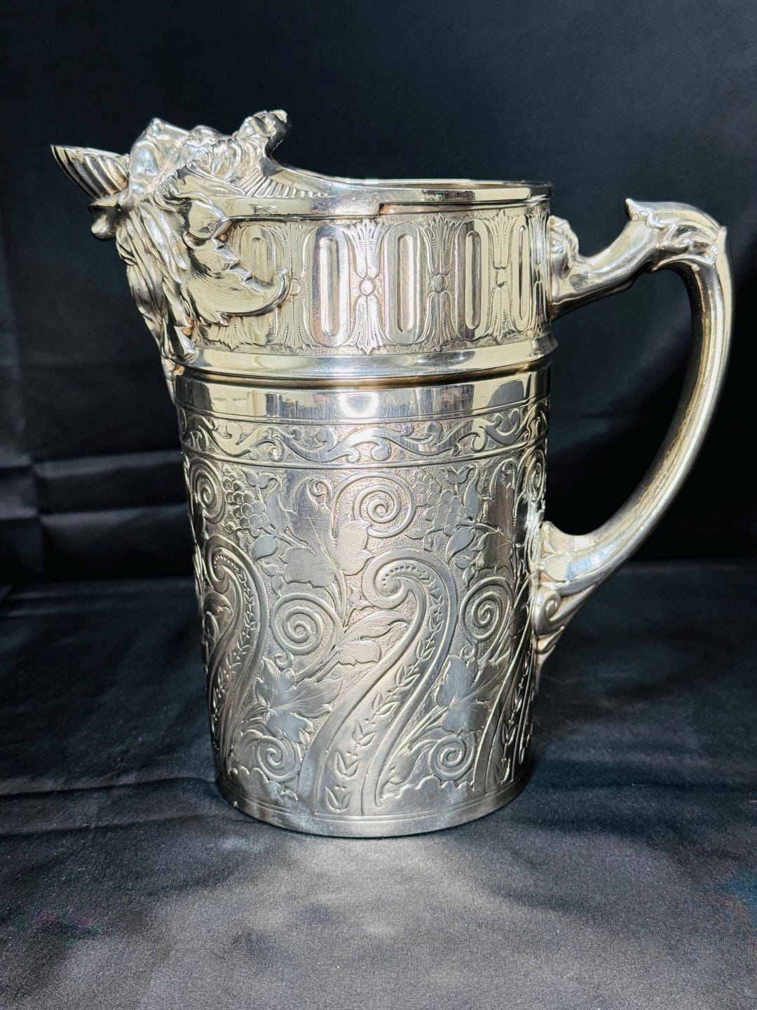 Antique Silver Plate Pitcher: Lion Head Spout, Tufts Quadruple Plate ...