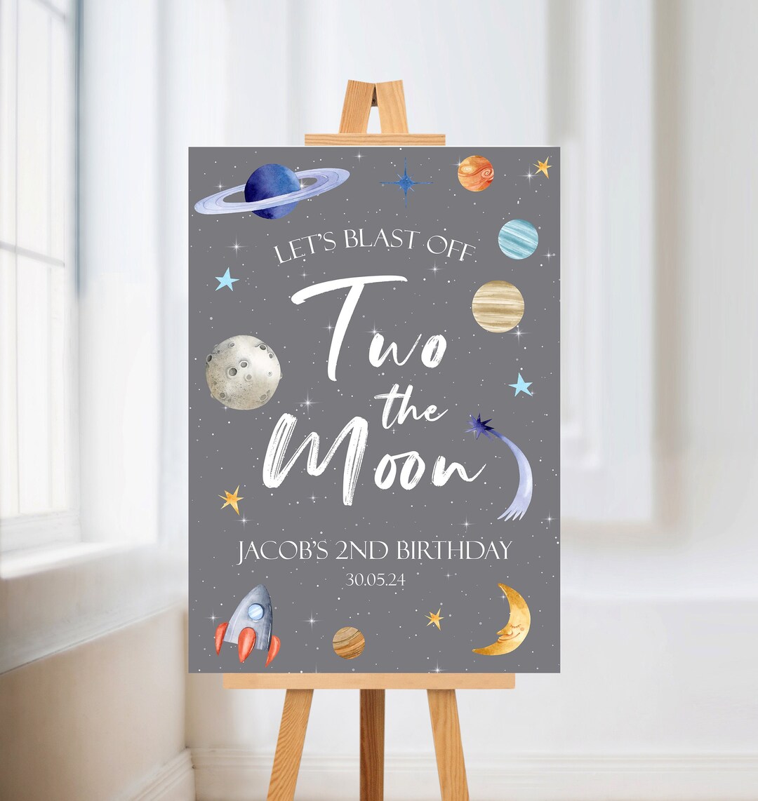 Space Rocket Theme Birthday Sign Paper Poster, Two the Moon Sign ...