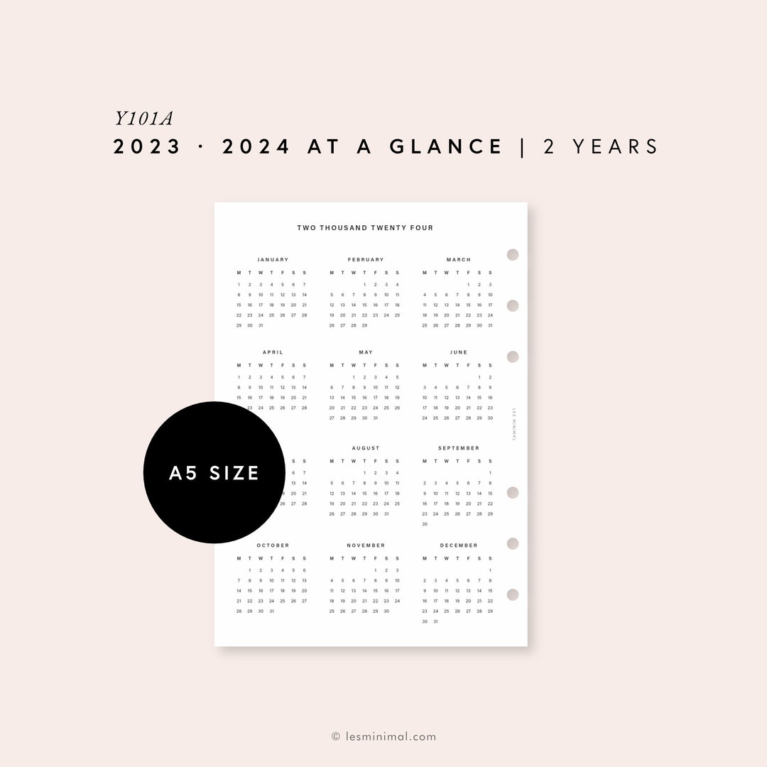 A5 2023-2024 Yearly Calendar Printable on One Page, Year at a Glance Inserts, Year Overview ...
