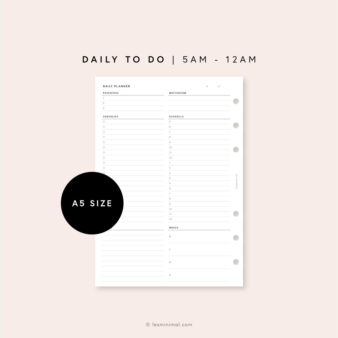 A5 Daily Planner Printable, Daily to Do List Template, Daily Hourly ...