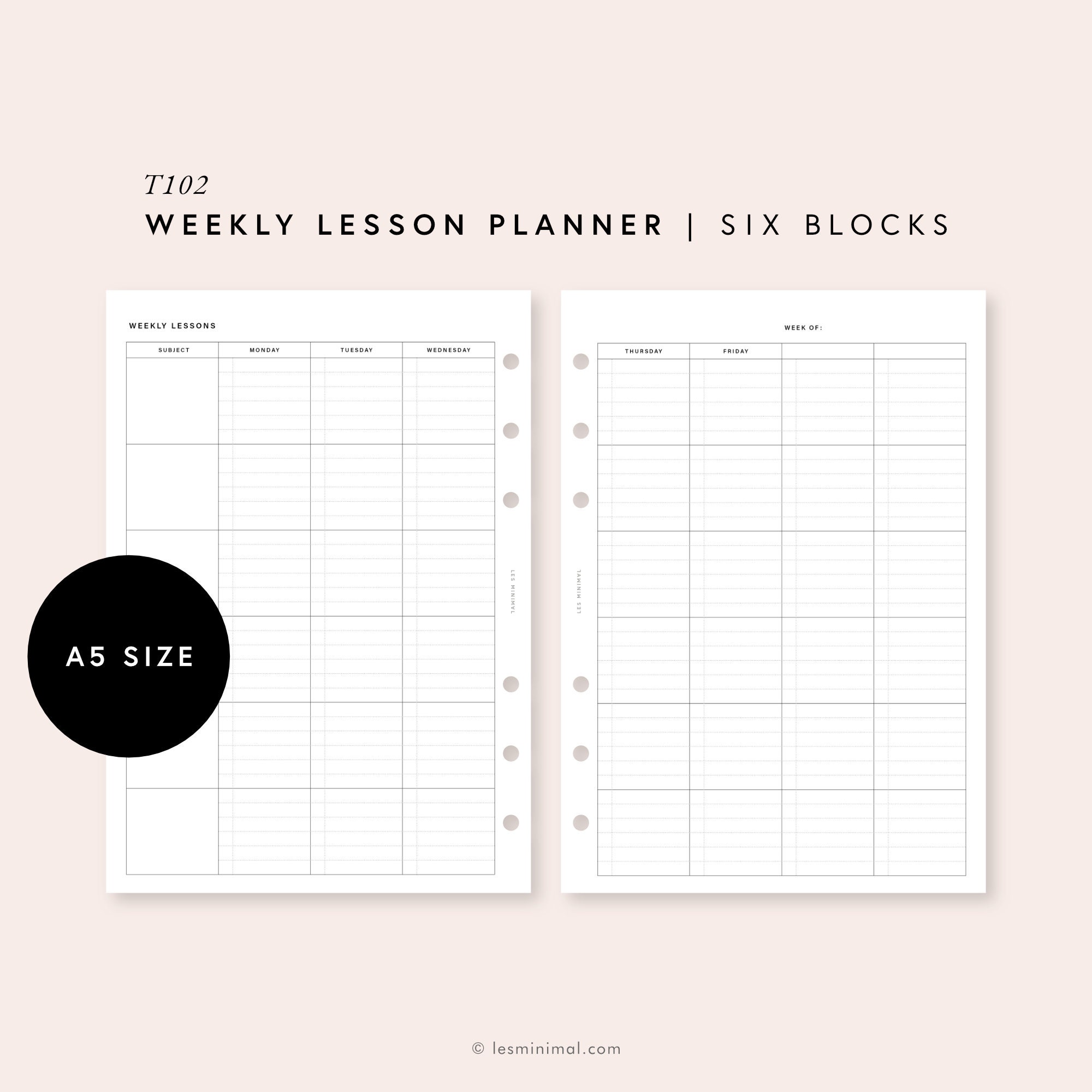 A5 Printable Weekly Lesson Planner 6 Blocks Template Minimal - Etsy