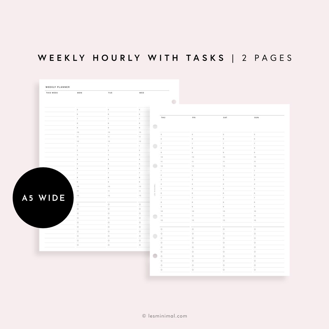A5 Wide Weekly Hourly Tasks Printable, Weekly Hourly Schedule Planner ...