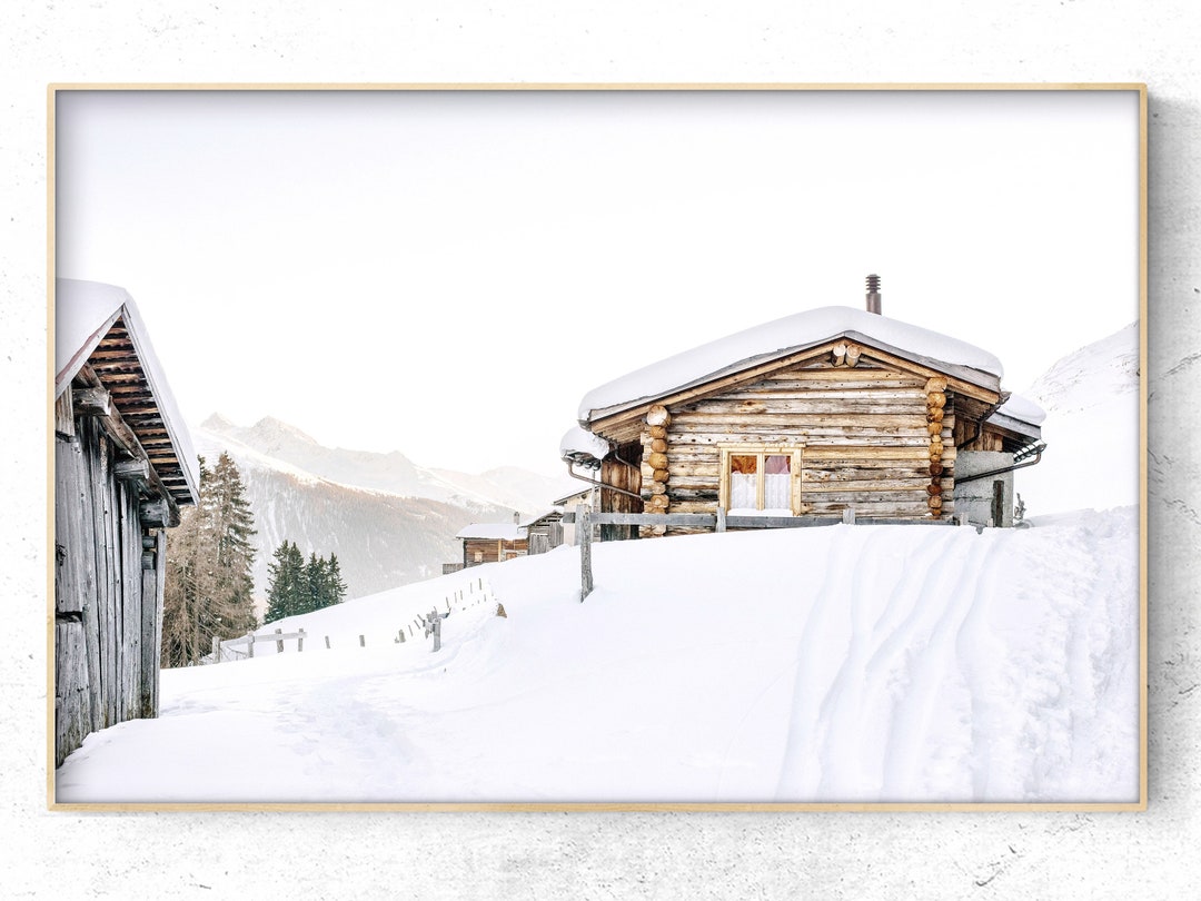 Log Cabin on a Snow Mountain Printable Winter Photo , Christmas Wall ...