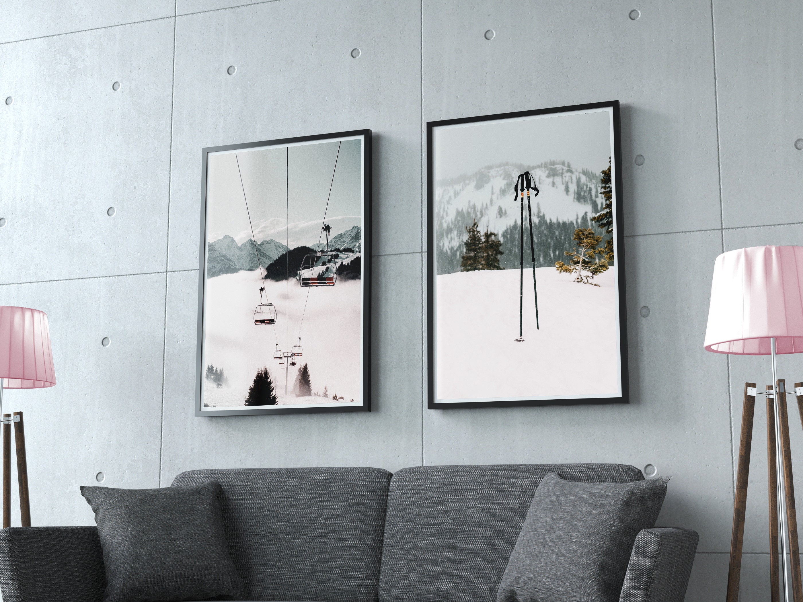 Set of 2 Ski Lift Prints Printable Winter Chalet Decor Snowy - Etsy