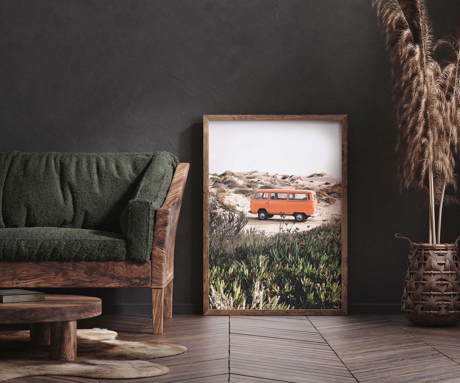Printable photo of an orange retro camper van in the dunes | Etsy