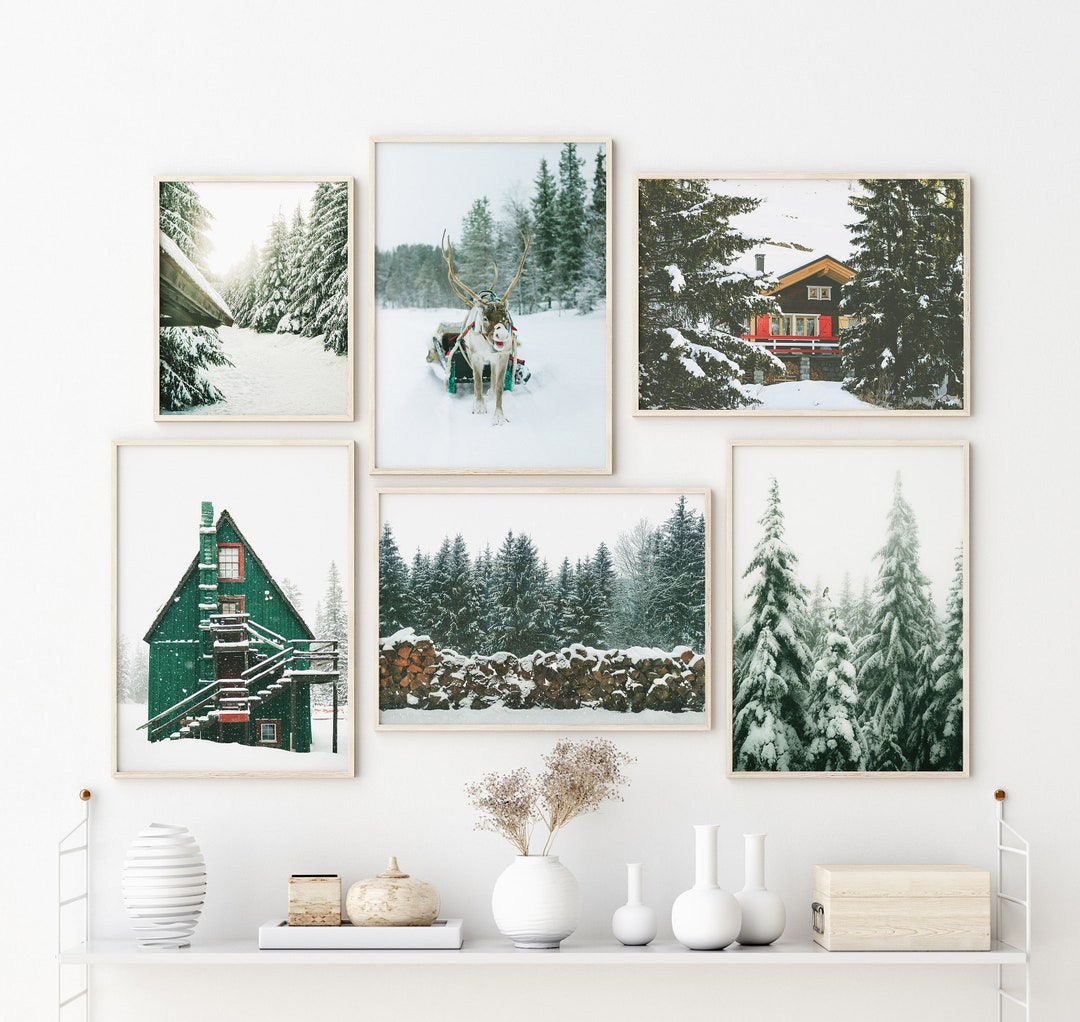 SET OF 6 Winter Forest Prints , Reindeer Photo, Chalet, Snow Christmas ...