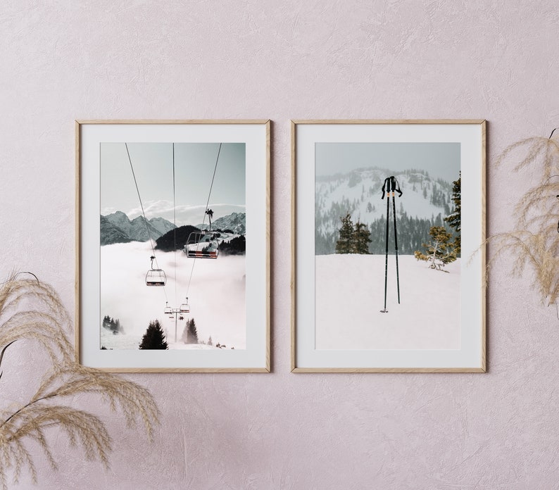 Set of 2 Ski Lift Prints Printable Winter Chalet Decor Snowy | Etsy