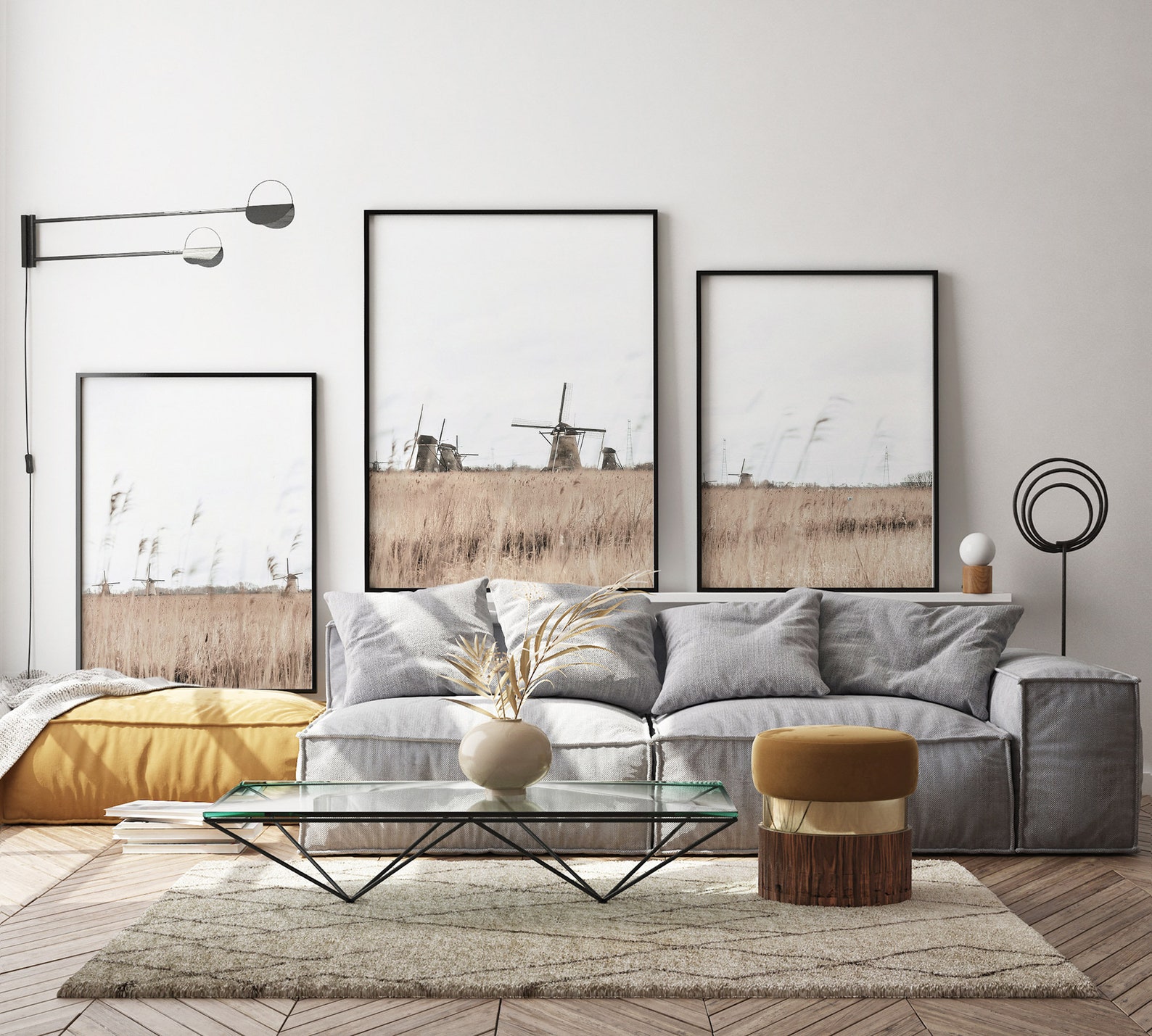 SET OF 3 Printable Photos of Dutch Windmills in a Field, Modern ...