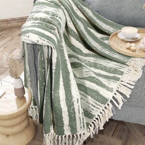 Boho Throw Blanket Green White Textured Striped Cotton - Etsy