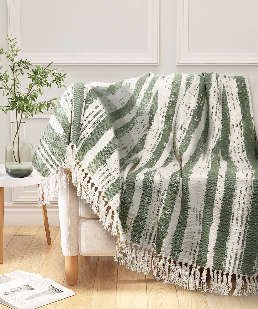 Boho Throw Blanket Green White Textured Striped Cotton Decorative ...