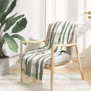 Boho Throw Blanket Green White Textured Striped Cotton Decorative ...