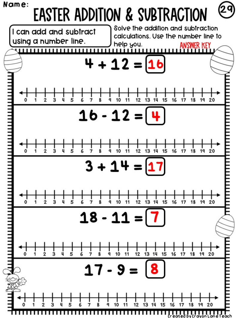 Addition and Subtraction on a Number Line Kindergarten 1st Grade Easter ...