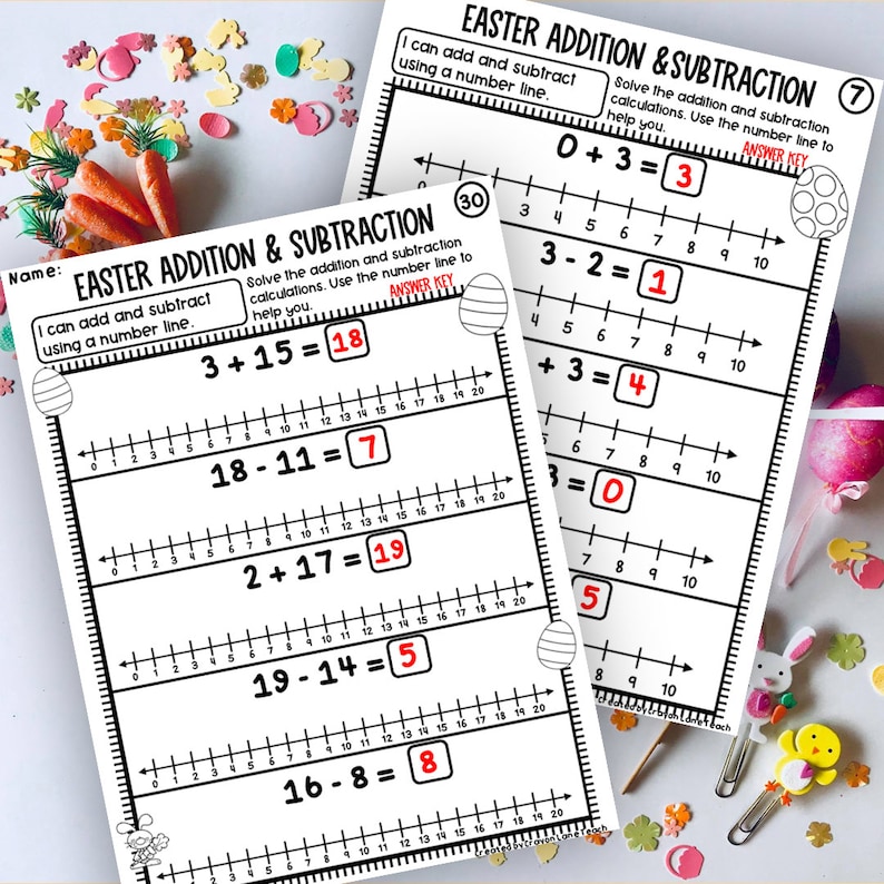 Addition and Subtraction on a Number Line Kindergarten 1st Grade Easter ...