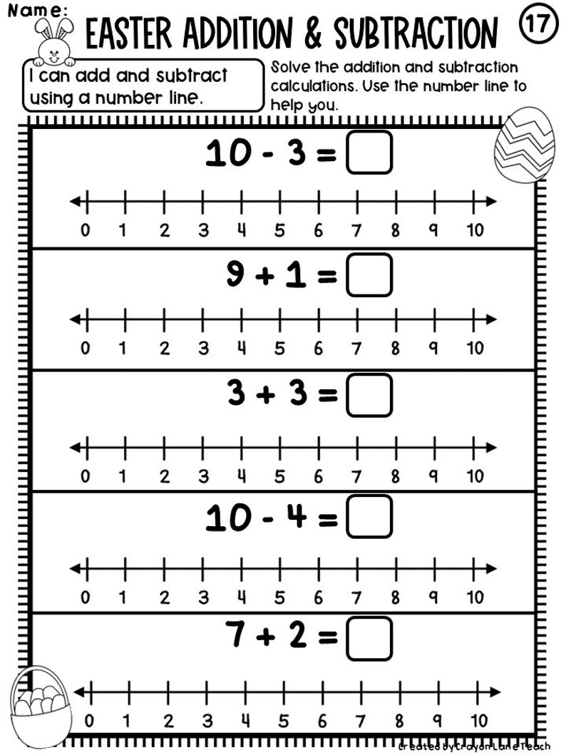 Addition and Subtraction on a Number Line Kindergarten 1st Grade Easter ...
