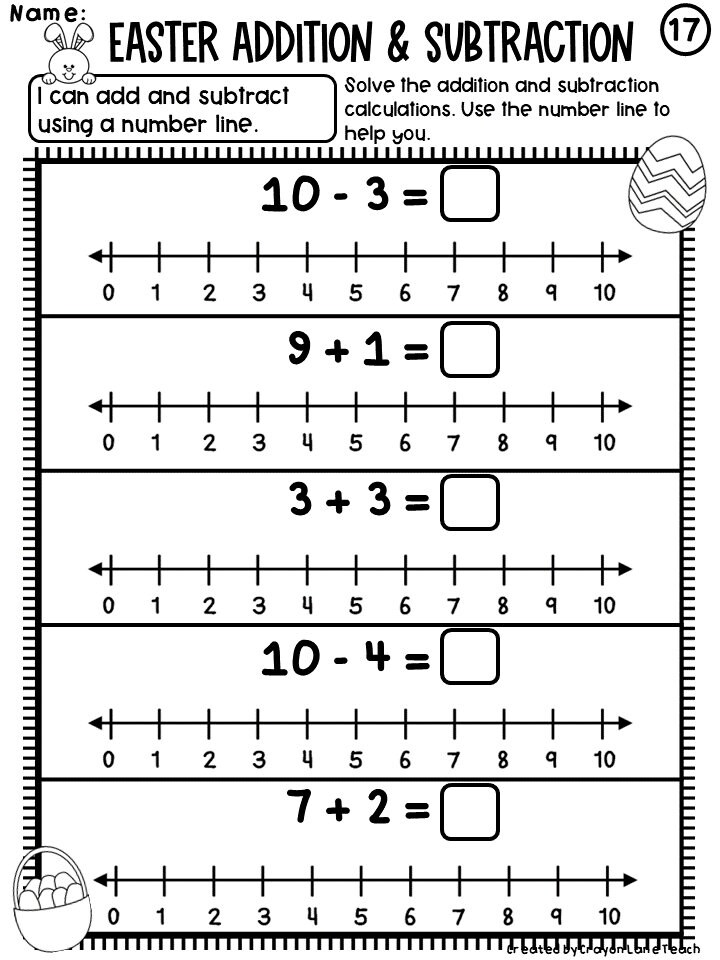 Addition and Subtraction on a Number Line Kindergarten 1st Grade Easter ...