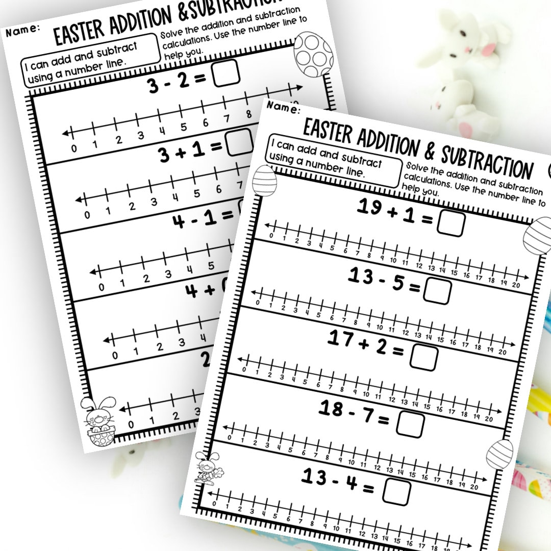 Addition and Subtraction on a Number Line Kindergarten 1st Grade Easter ...