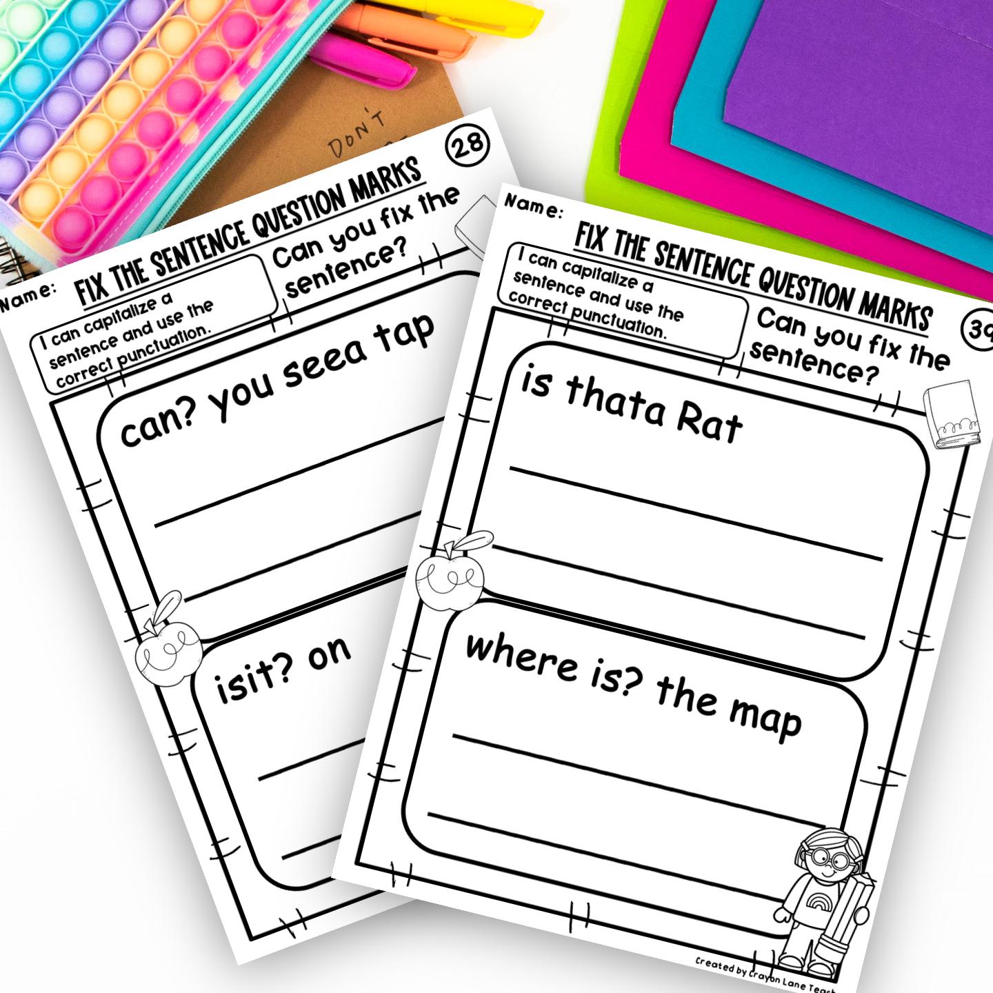 Sentence Writing Practise Worksheets for Kids Question Marks Grammar ...