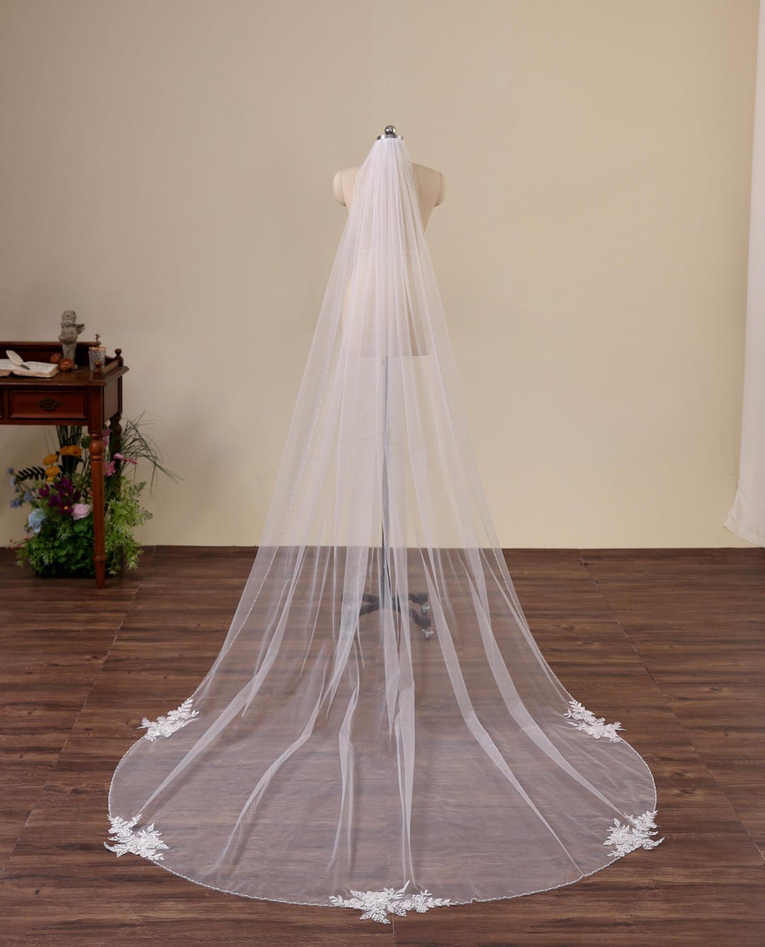Delicate Floral Lace & Beaded Trim Cathedral Veil, Sheer Tulle Bridal ...