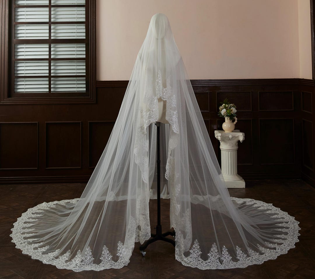 Cathedral Sequins Rose Lace Veil, Drop Wedding Veil, 2 Tiers Blusher ...