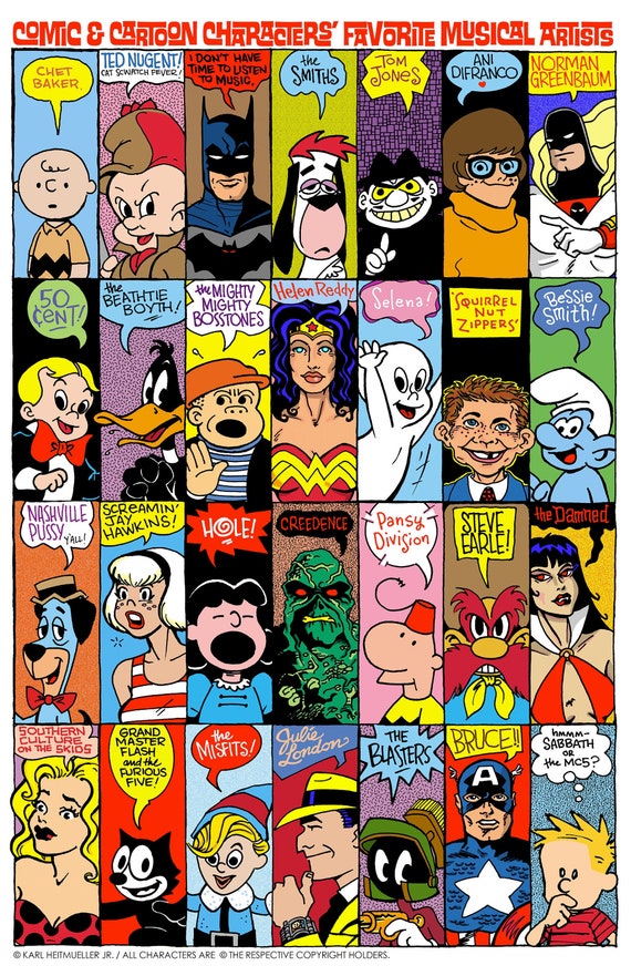 Comic & Cartoon Characters' Favorite Musical Artists Print | Etsy