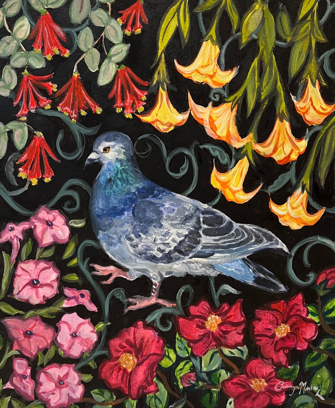 Giclee Print of "avian Floral". Pigeon With Colorful Floral Botanical ...