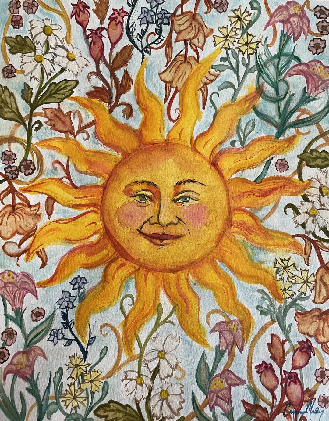 Giclee Print of "floral Sun" Smiling Sun With Floral Patterned ...