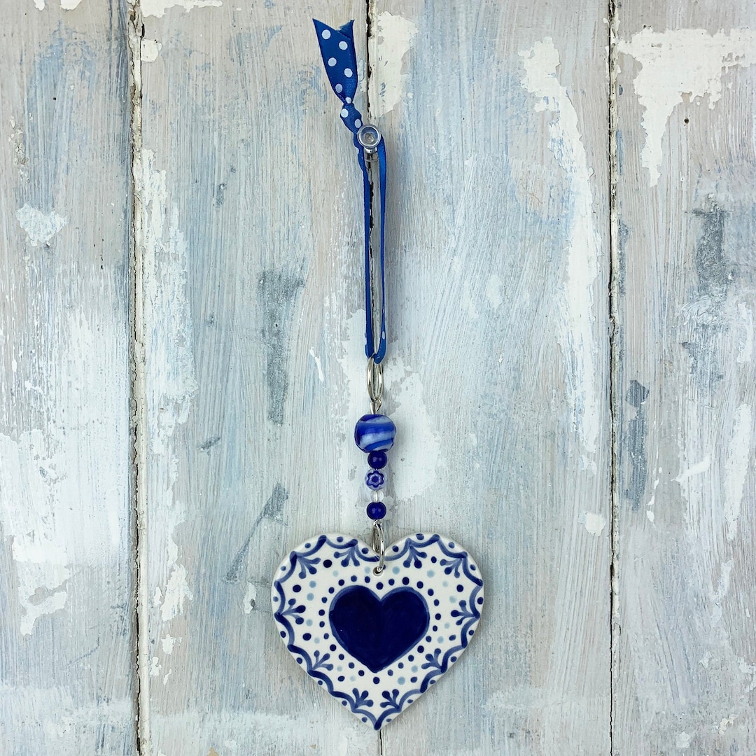 Blue & White Heart Heart Decoration - Etsy