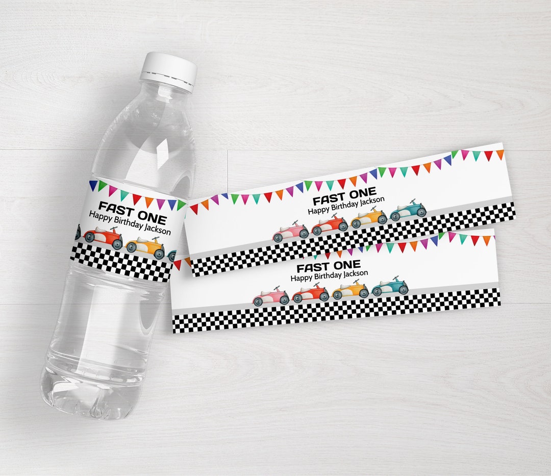 Fast One Race Car Personalized First Birthday Water Bottle Labels ...