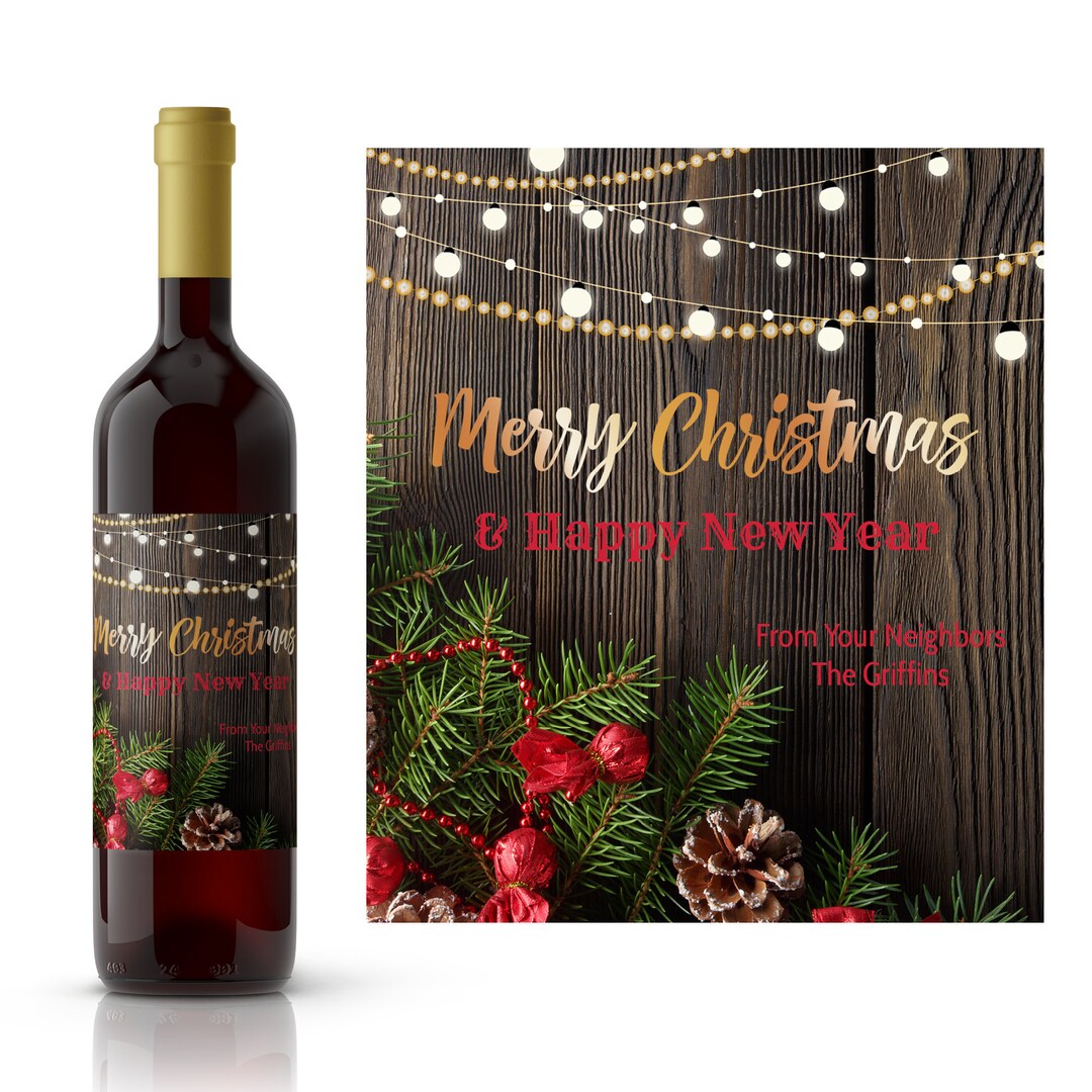 Christmas Greenery and Lights Holiday Wine Label | Country Christmas ...