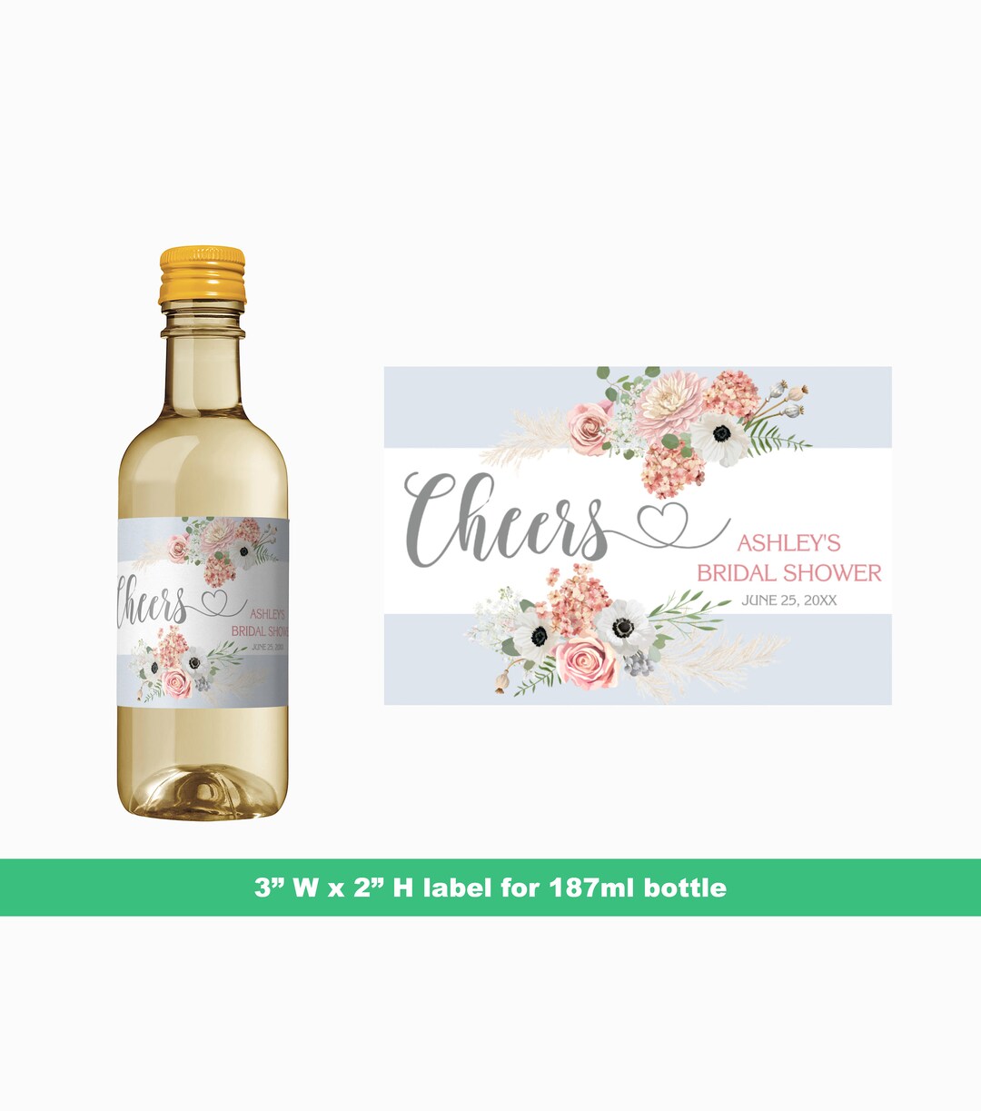 Watercolor Floral Cheers Mini Wine Labels | Custom Bridal Shower Favor ...