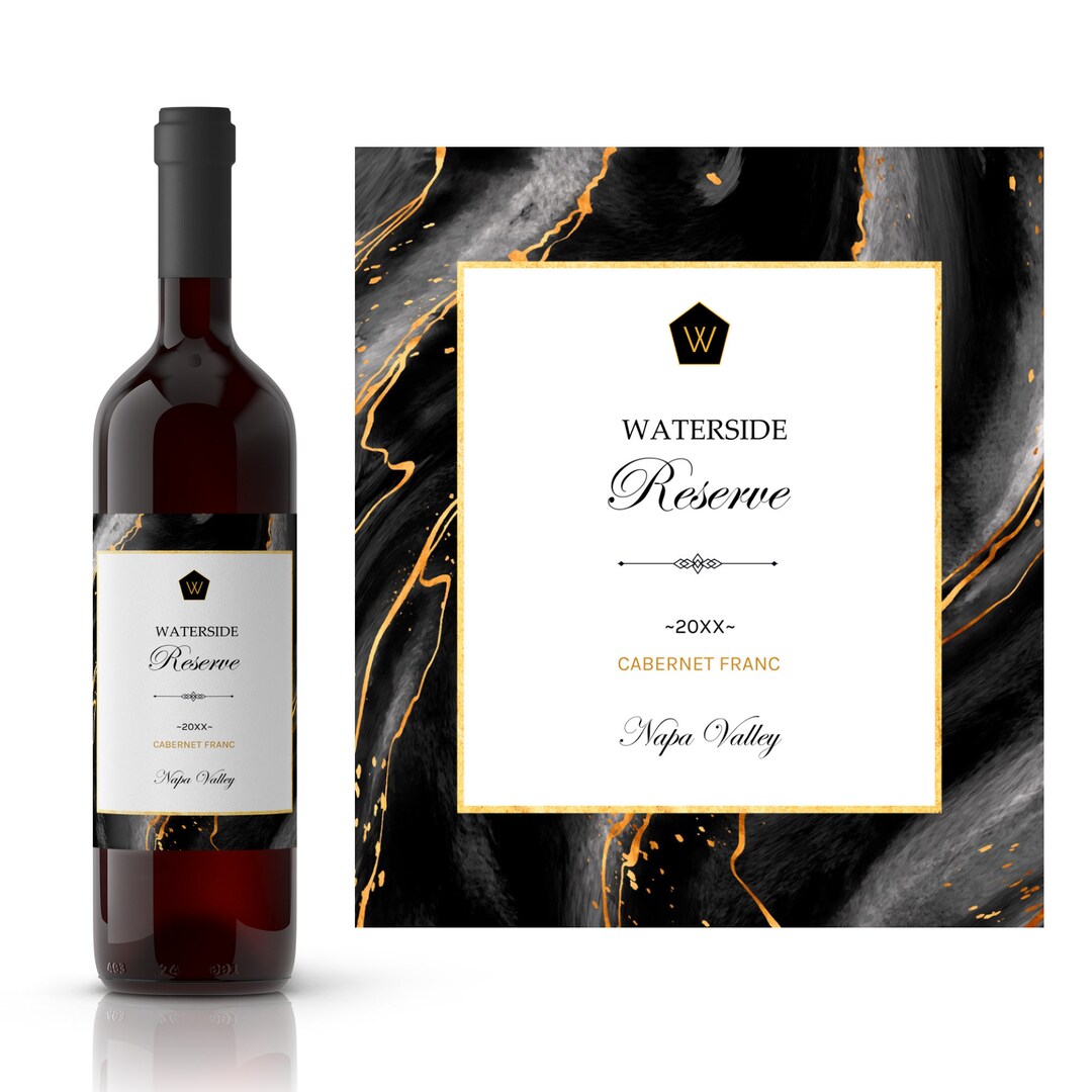 Personalized Black Marble Wine Label | Custom Gold and Black Wine ...