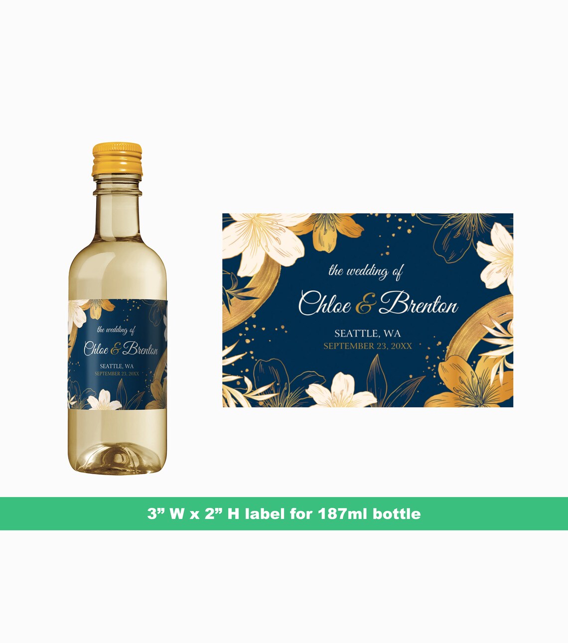Golden Floral Wedding Personalized Mini Wine Labels | Wedding Reception ...