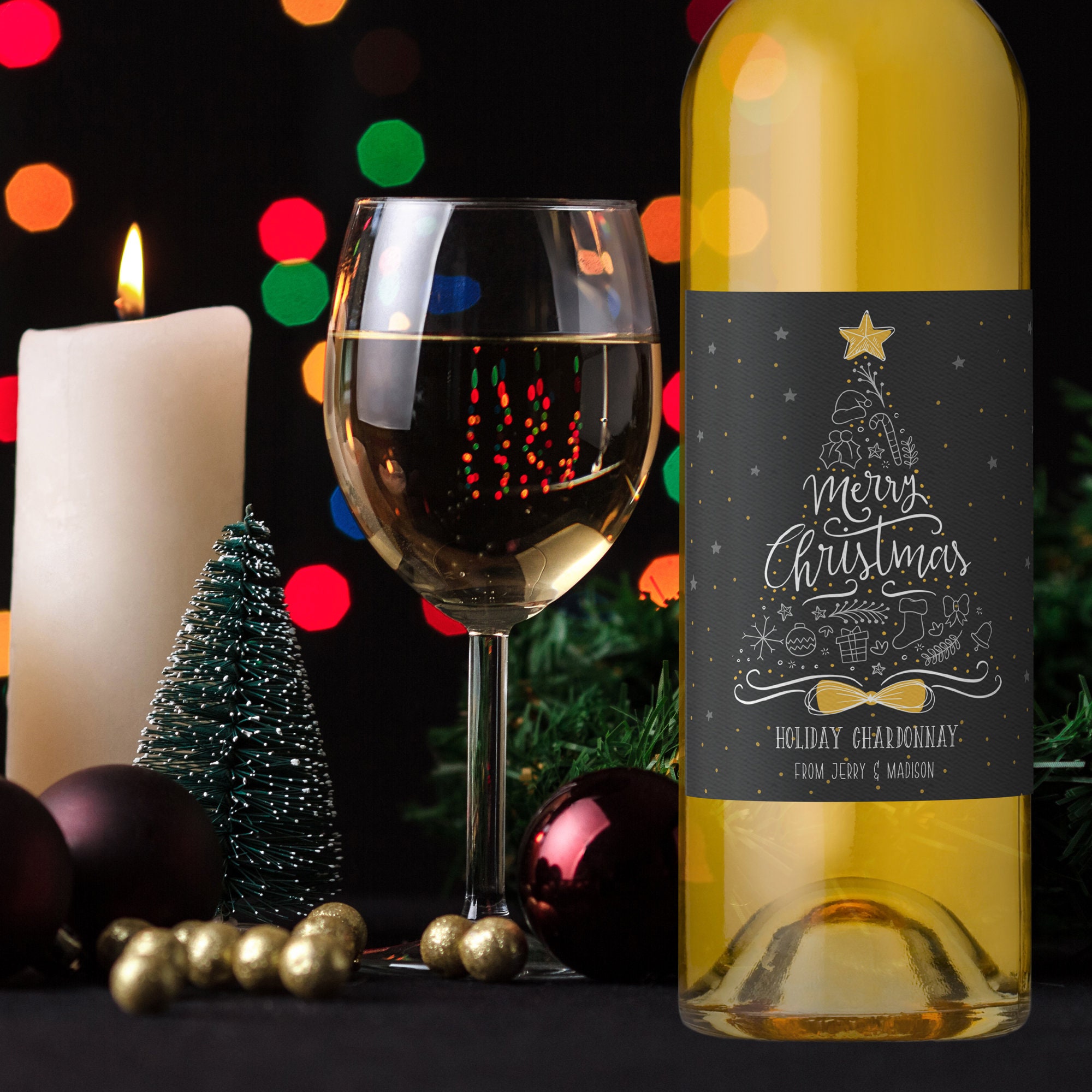 Hand Drawn Christmas Tree Holiday Wine Label | Whimsical Christmas ...