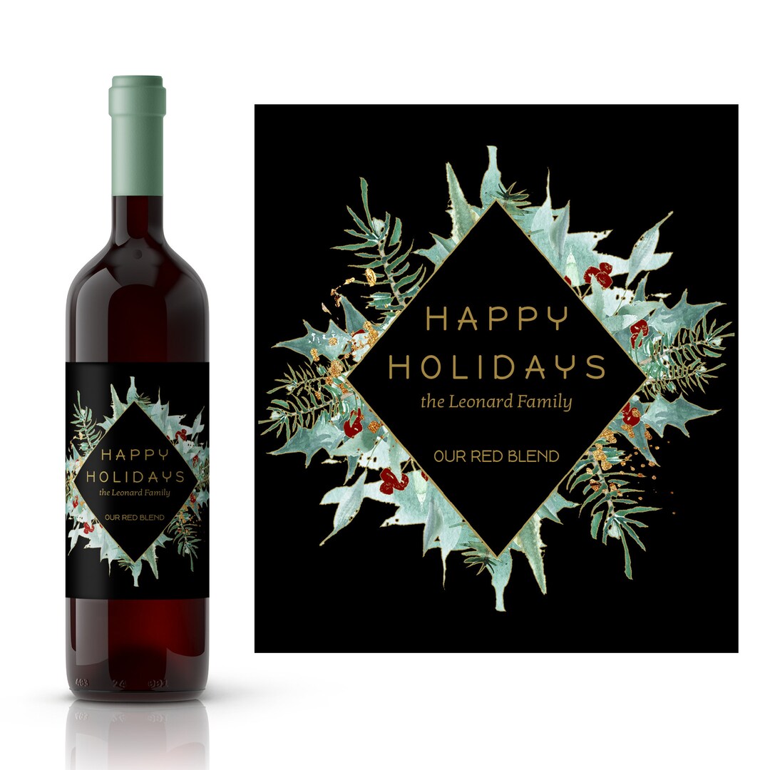 Holly Diamond Christmas Wine Label | Holly Frame Design | Happy Holiday ...